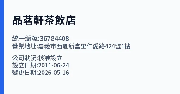 品茗軒茶飲店的照片-統編 36784408(嘉義市) 公司登記資料與營業項目詳細圖表