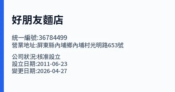 好朋友麵店的照片-統編 36784499(屏東縣) 公司登記資料與營業項目詳細圖表