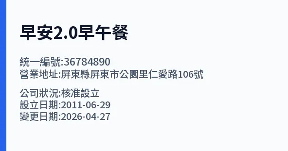 早安2.0早午餐的照片-統編 36784890(屏東縣) 公司登記資料與營業項目詳細圖表