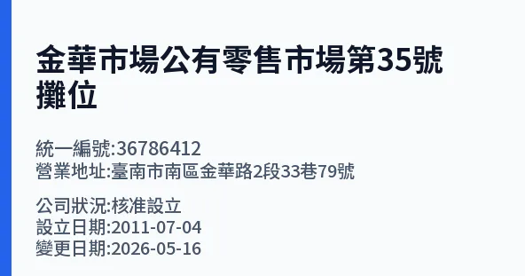 金華市場公有零售市場第35號攤位的照片-統編 36786412(臺南市) 公司登記資料與營業項目詳細圖表