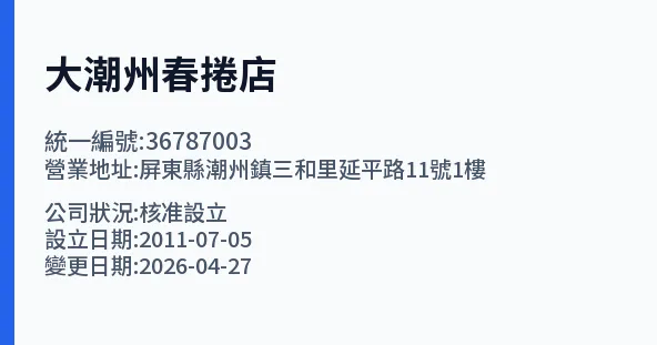 大潮州春捲店的照片-統編 36787003(屏東縣) 公司登記資料與營業項目詳細圖表