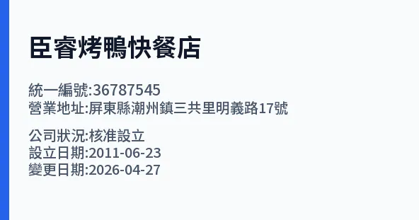 臣睿烤鴨快餐店的照片-統編 36787545(屏東縣) 公司登記資料與營業項目詳細圖表