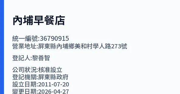 內埔早餐店的照片-統編 36790915(屏東縣) 公司登記資料與營業項目詳細圖表