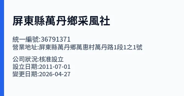 屏東縣萬丹鄉采風社的照片-統編 36791371(屏東縣) 公司登記資料與營業項目詳細圖表