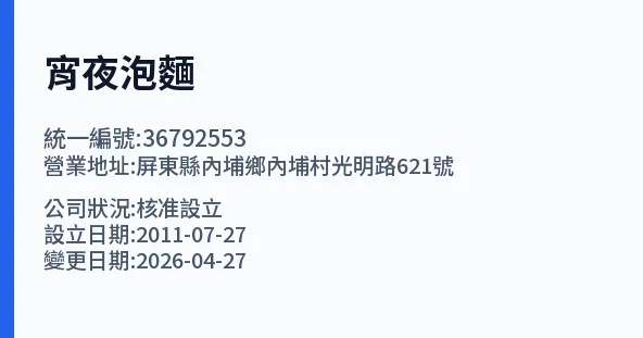 宵夜泡麵的照片-統編 36792553(屏東縣) 公司登記資料與營業項目詳細圖表