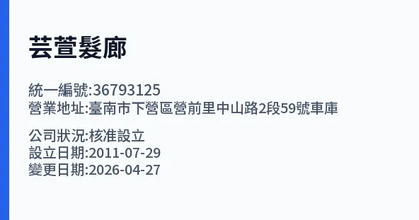 芸萱髮廊的照片-統編 36793125(臺南市) 公司登記資料與營業項目詳細圖表