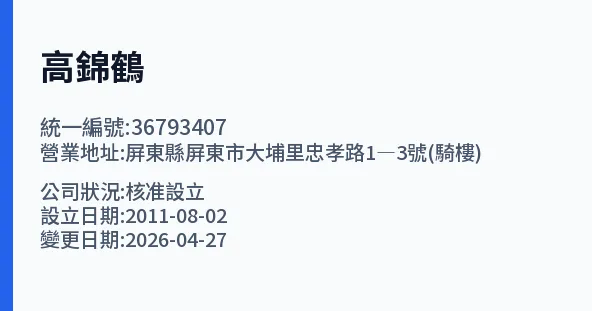 高錦鶴的照片-統編 36793407(屏東縣) 公司登記資料與營業項目詳細圖表