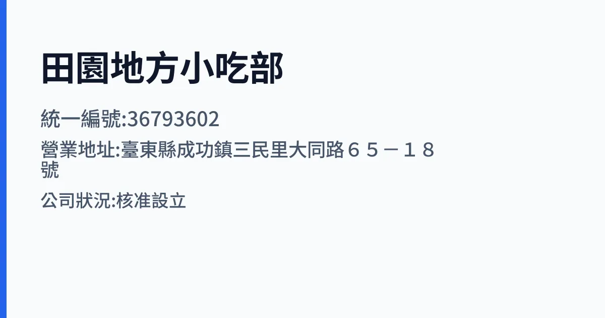 田園地方小吃部 - 統編 36793602(臺東縣) 公司登記資料與營業項目詳細圖表