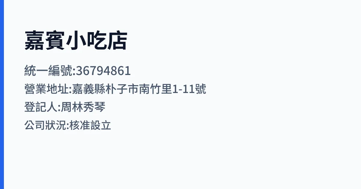 嘉賓小吃店 - 統編 36794861(嘉義縣) 公司登記資料與營業項目詳細圖表