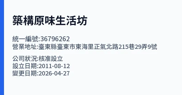 築構原味生活坊的照片-統編 36796262(臺東縣) 公司登記資料與營業項目詳細圖表