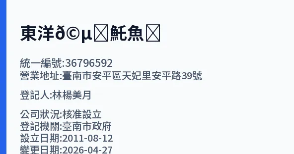 東洋𩵚魠魚焿的照片-統編 36796592(臺南市) 公司登記資料與營業項目詳細圖表