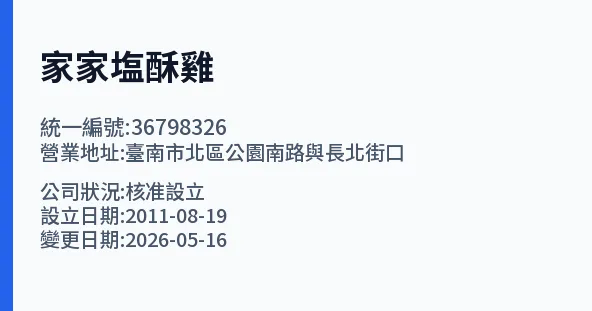 家家塩酥雞的照片-統編 36798326(臺南市) 公司登記資料與營業項目詳細圖表