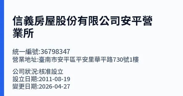 信義房屋股份有限公司安平營業所的照片-統編 36798347(臺南市) 公司登記資料與營業項目詳細圖表