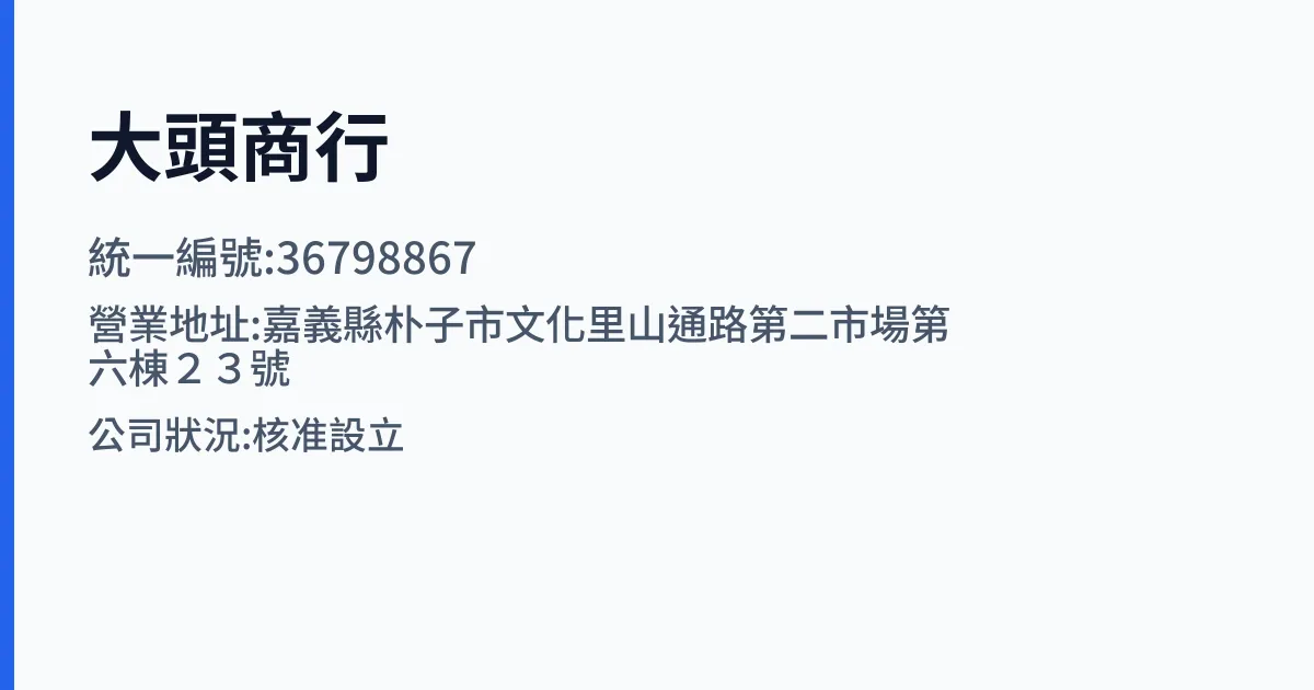 大頭商行 - 統編 36798867(嘉義縣) 公司登記資料與營業項目詳細圖表