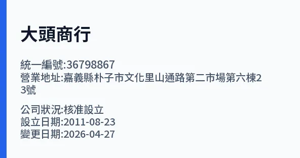 大頭商行的照片-統編 36798867(嘉義縣) 公司登記資料與營業項目詳細圖表