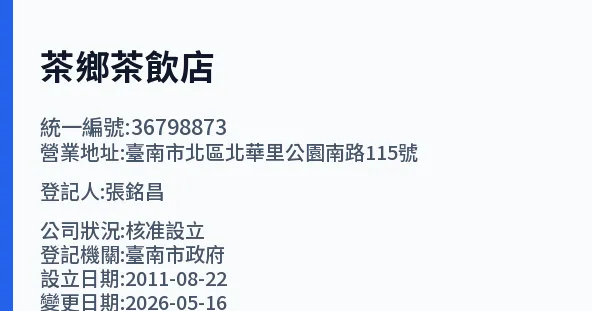 茶鄉茶飲店的照片-統編 36798873(臺南市) 公司登記資料與營業項目詳細圖表