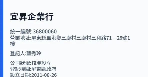 宜昇企業行的照片-統編 36800060(屏東縣) 公司登記資料與營業項目詳細圖表