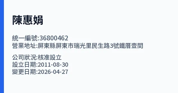 陳惠娟的照片-統編 36800462(屏東縣) 公司登記資料與營業項目詳細圖表