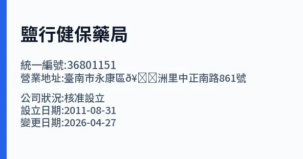 鹽行健保藥局的照片-統編 36801151(臺南市) 公司登記資料與營業項目詳細圖表