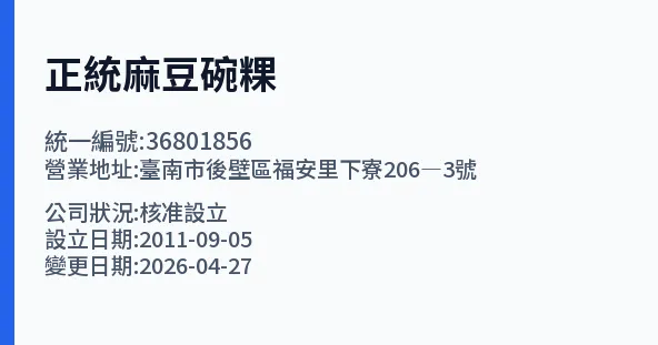 正統麻豆碗粿的照片-統編 36801856(臺南市) 公司登記資料與營業項目詳細圖表
