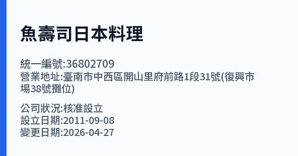 魚壽司日本料理的照片-統編 36802709(臺南市) 公司登記資料與營業項目詳細圖表