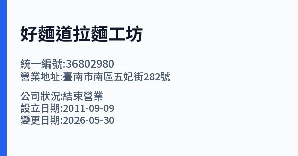 好麵道拉麵工坊的照片-統編 36802980(臺南市) 公司登記資料與營業項目詳細圖表