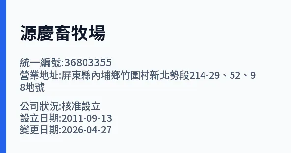 源慶畜牧場的照片-統編 36803355(屏東縣) 公司登記資料與營業項目詳細圖表