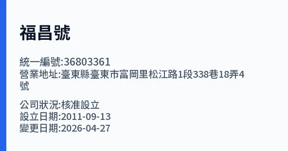福昌號的照片-統編 36803361(臺東縣) 公司登記資料與營業項目詳細圖表
