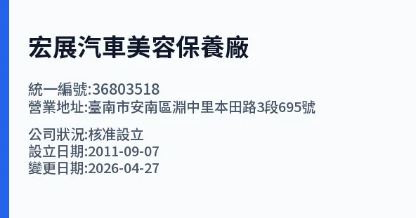 宏展汽車美容保養廠的照片-統編 36803518(臺南市) 公司登記資料與營業項目詳細圖表
