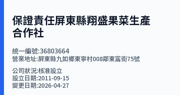 保證責任屏東縣翔盛果菜生產合作社的照片-統編 36803664(屏東縣) 公司登記資料與營業項目詳細圖表