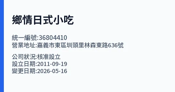 鄉情日式小吃的照片-統編 36804410(嘉義市) 公司登記資料與營業項目詳細圖表