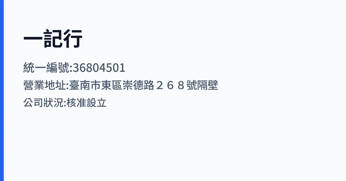 一記行 - 統編 36804501(臺南市) 公司登記資料與營業項目詳細圖表