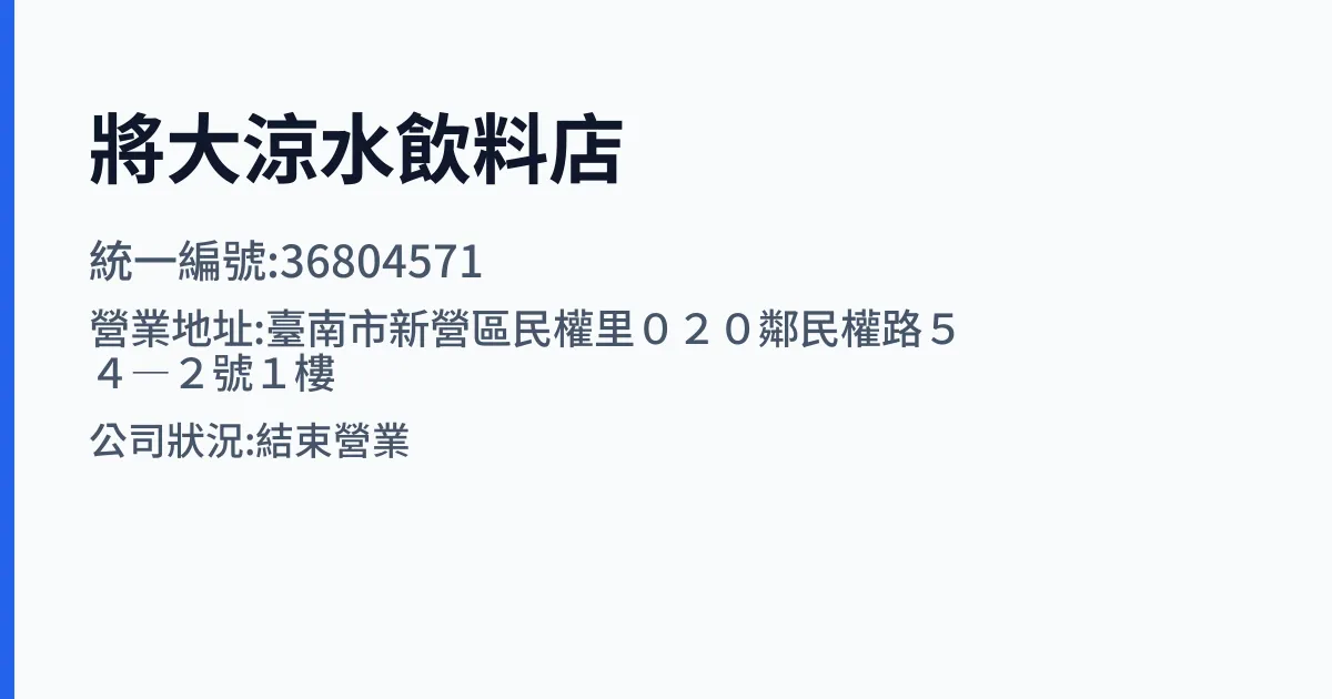 將大涼水飲料店 - 統編 36804571(臺南市) 公司登記資料與營業項目詳細圖表