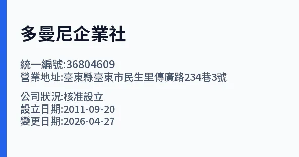 多曼尼企業社的照片-統編 36804609(臺東縣) 公司登記資料與營業項目詳細圖表