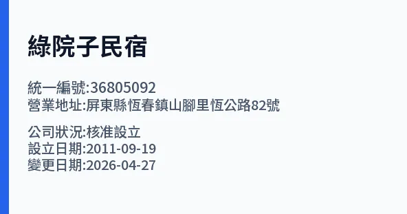綠院子民宿的照片-統編 36805092(屏東縣) 公司登記資料與營業項目詳細圖表