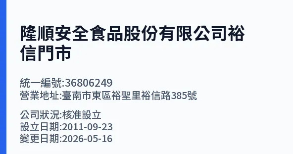 隆順安全食品股份有限公司裕信門市的照片-統編 36806249(臺南市) 公司登記資料與營業項目詳細圖表