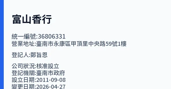 富山香行的照片-統編 36806331(臺南市) 公司登記資料與營業項目詳細圖表