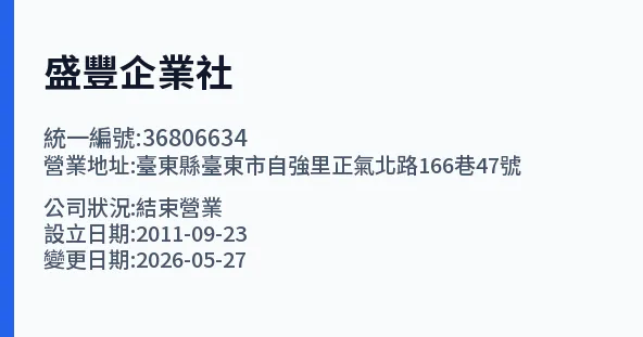 盛豐企業社的照片-統編 36806634(臺東縣) 公司登記資料與營業項目詳細圖表