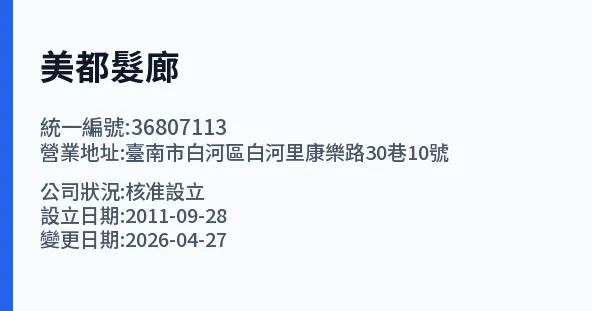 美都髮廊的照片-統編 36807113(臺南市) 公司登記資料與營業項目詳細圖表