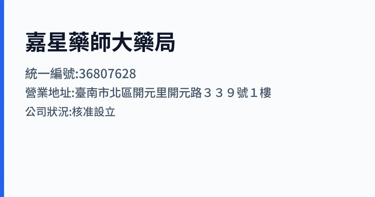 嘉星藥師大藥局 - 統編 36807628(臺南市) 公司登記資料與營業項目詳細圖表