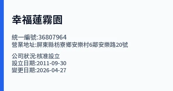 幸福蓮霧園的照片-統編 36807964(屏東縣) 公司登記資料與營業項目詳細圖表