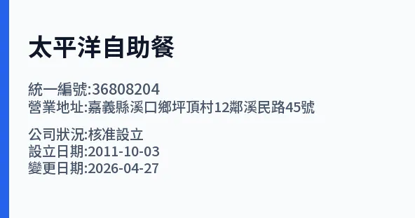 太平洋自助餐的照片-統編 36808204(嘉義縣) 公司登記資料與營業項目詳細圖表