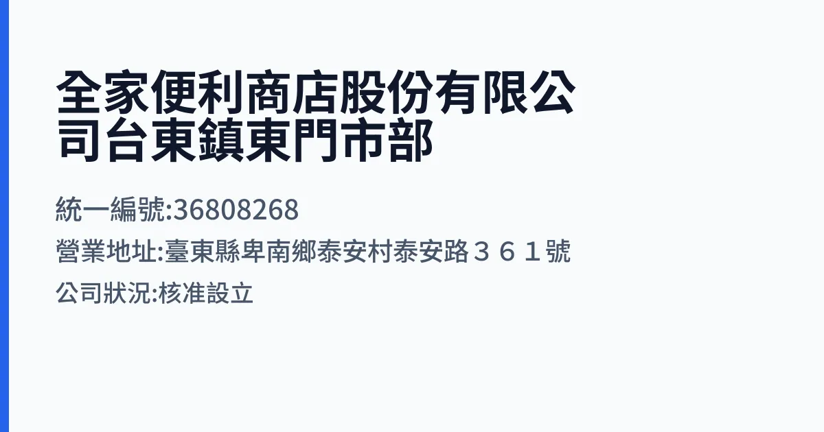 全家便利商店股份有限公司台東鎮東門市部 - 統編 36808268(臺東縣) 公司登記資料與營業項目詳細圖表