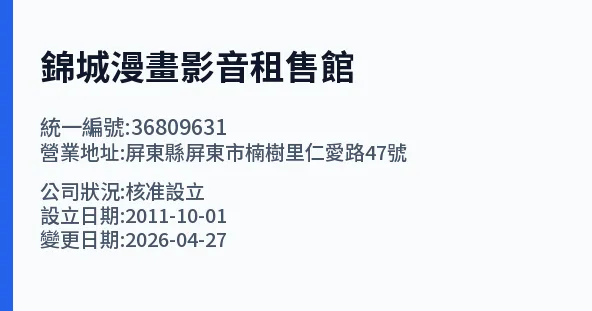 錦城漫畫影音租售館的照片-統編 36809631(屏東縣) 公司登記資料與營業項目詳細圖表