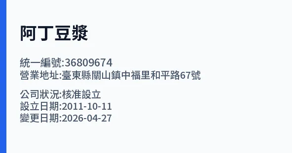 阿丁豆漿的照片-統編 36809674(臺東縣) 公司登記資料與營業項目詳細圖表