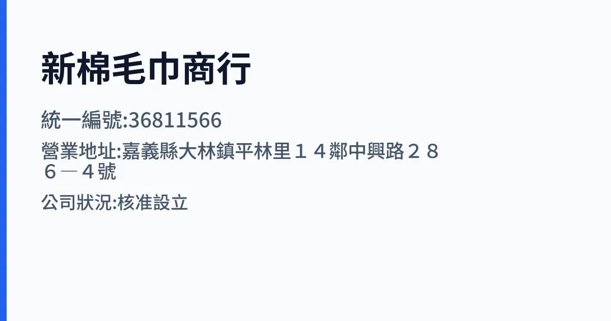 新棉毛巾商行 - 統編 36811566(嘉義縣) 公司登記資料與營業項目詳細圖表