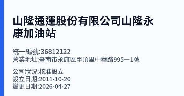 山隆通運股份有限公司山隆永康加油站的照片-統編 36812122(臺南市) 公司登記資料與營業項目詳細圖表