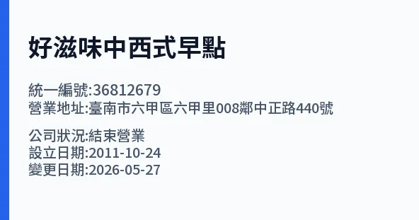好滋味中西式早點的照片-統編 36812679(臺南市) 公司登記資料與營業項目詳細圖表