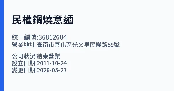 民權鍋燒意麵的照片-統編 36812684(臺南市) 公司登記資料與營業項目詳細圖表