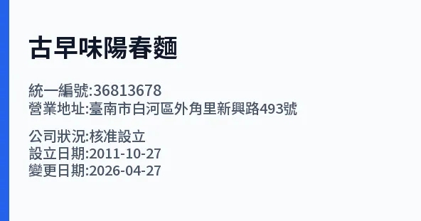古早味陽春麵的照片-統編 36813678(臺南市) 公司登記資料與營業項目詳細圖表